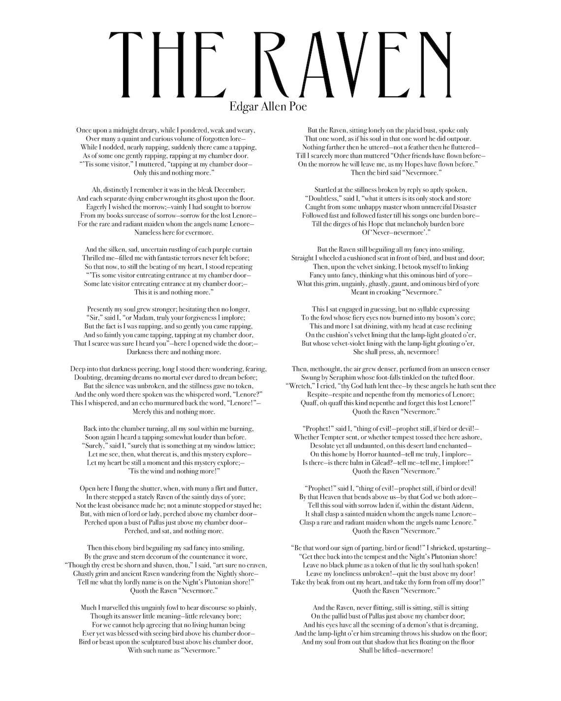 The Raven Edgar Allan Poe Poem | Digital Download Typography Print ...