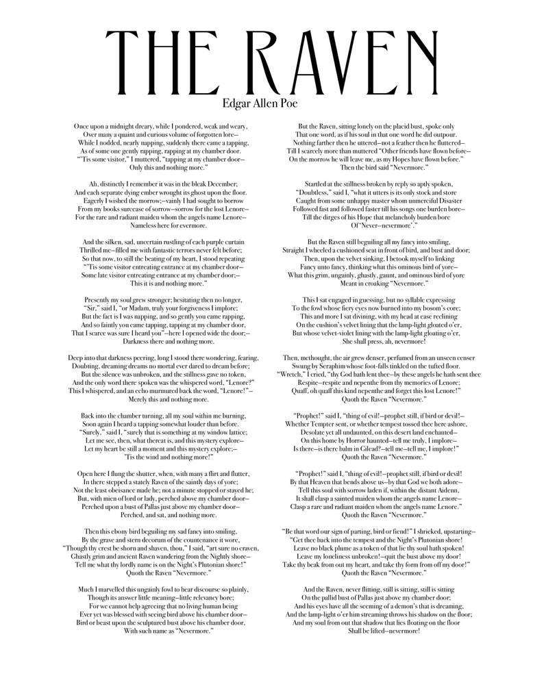 The Raven Edgar Allan Poe Poem | Digital Download Typography Print ...