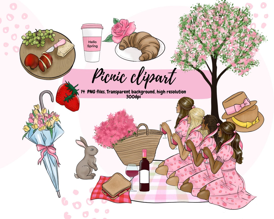 Spring Picnic Clipart Illustrations: Food, Basket, Girls Art (digital ...