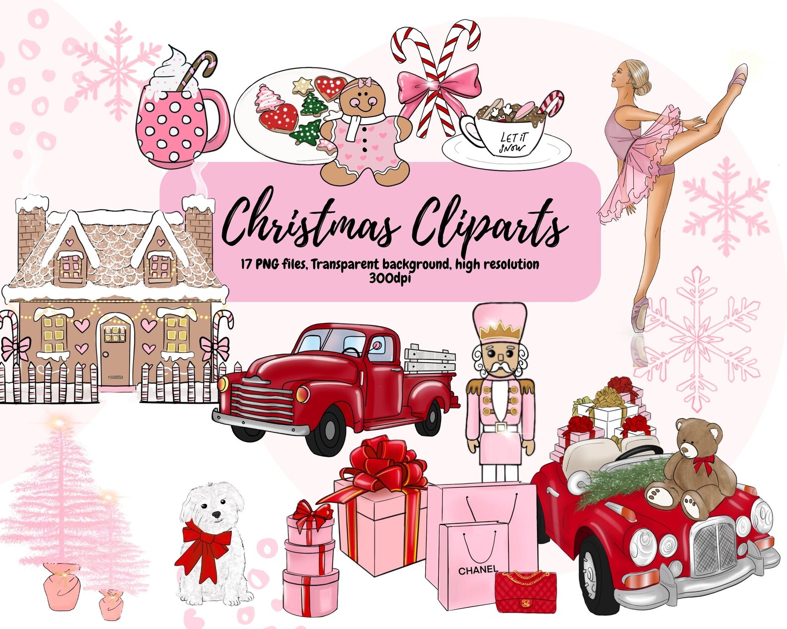 Christmas Festive Clipart Illustration Set, Holidays Clipart, Pink ...