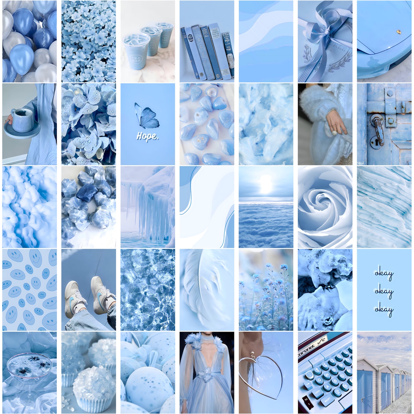 150 Pcs Pastel Light Blue Aesthetic Photo Wall Collage Set Both