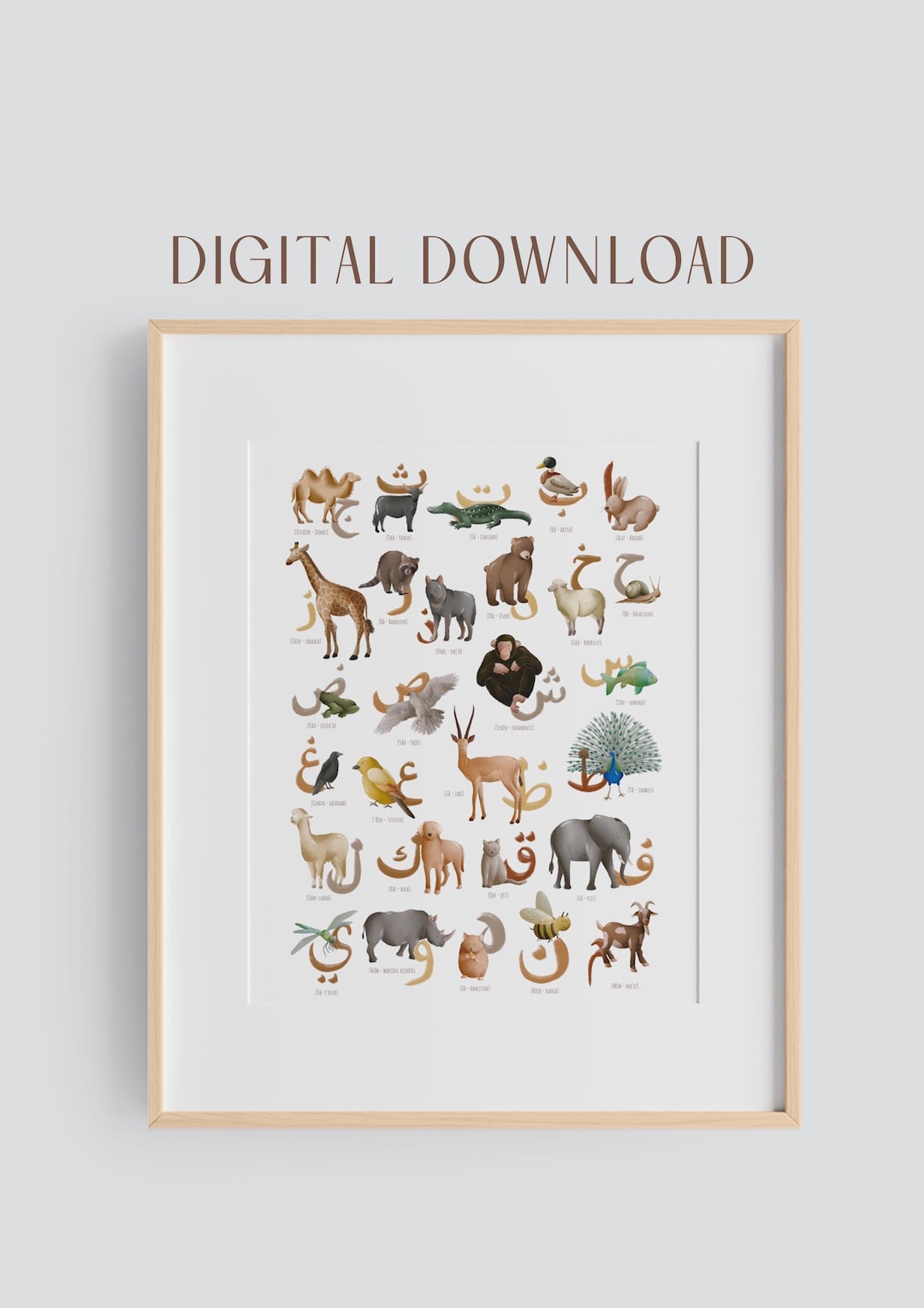 Arabic Alphabet Poster With Illustrated Animal Motifs and Animal Names ...