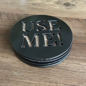Funny Metal Use Me! Coaster , Pack of 4 | Cork Backing | Custom Coaster ...