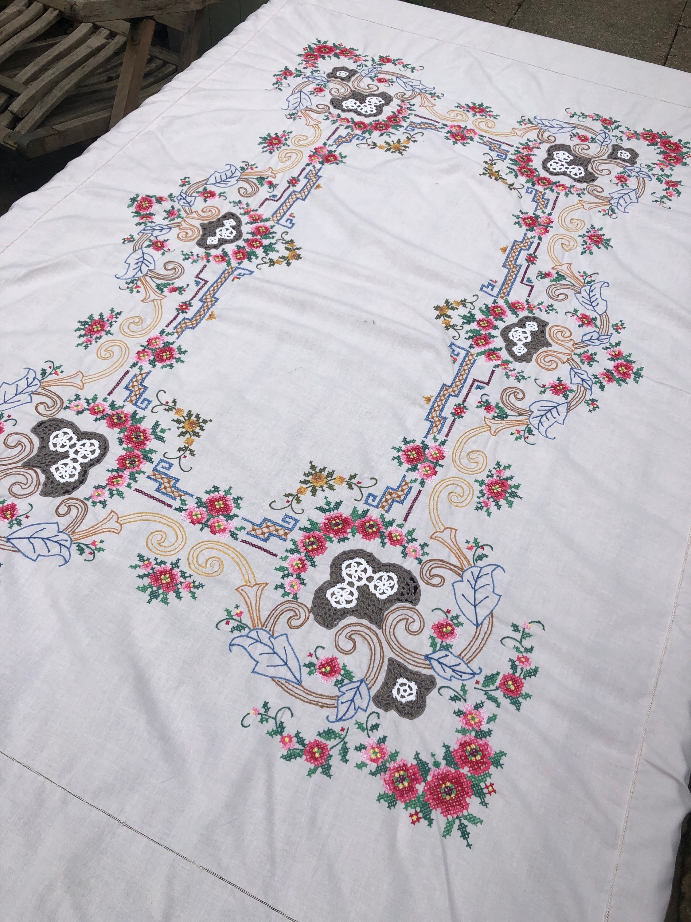 Vintage Handmade Embroidered Cross Stitch Crocheted Tablecloth - Etsy