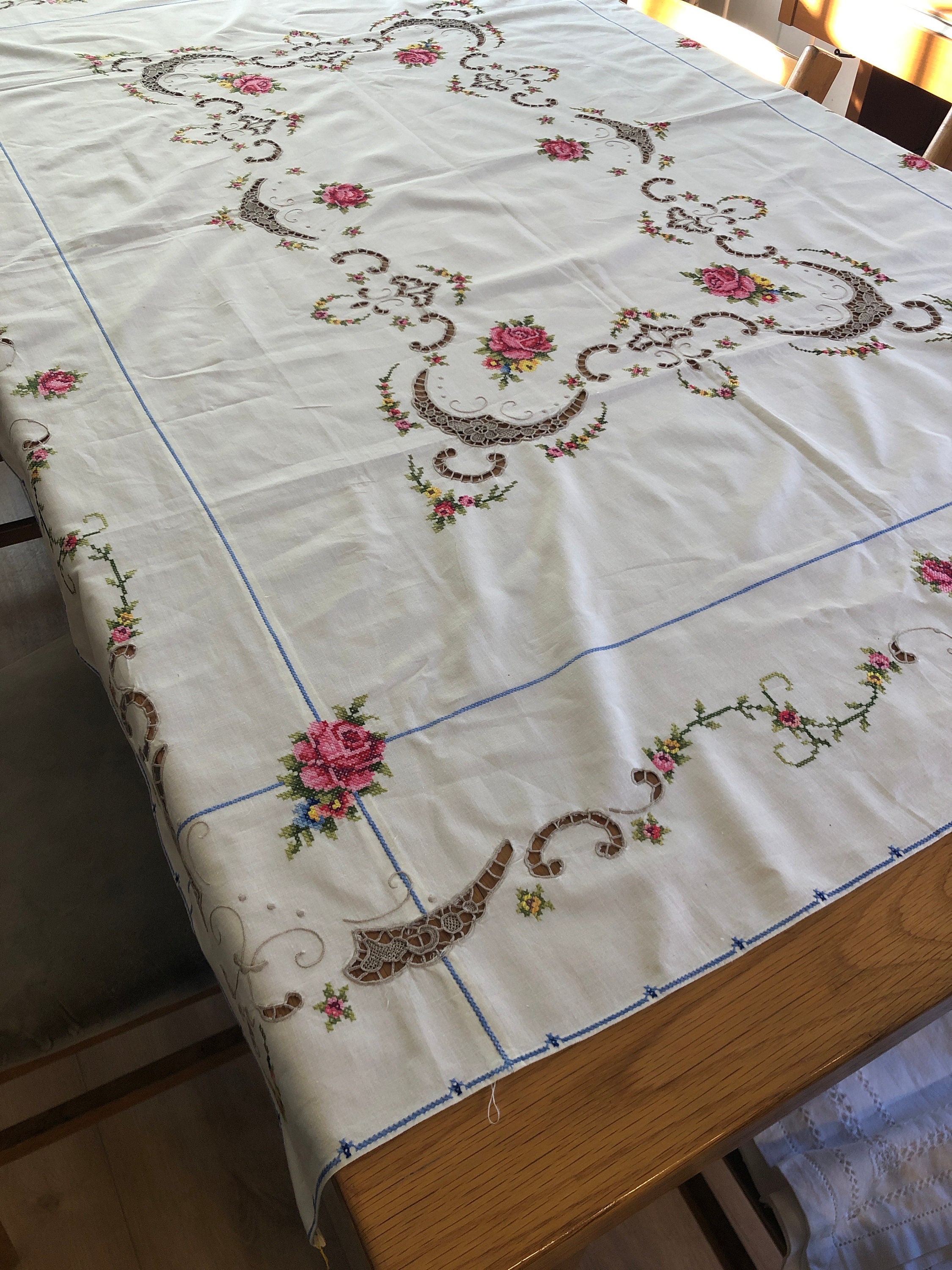 Vintage Embroidered Cross Stitch Hand Made Tablecloth Flower Tea Party ...