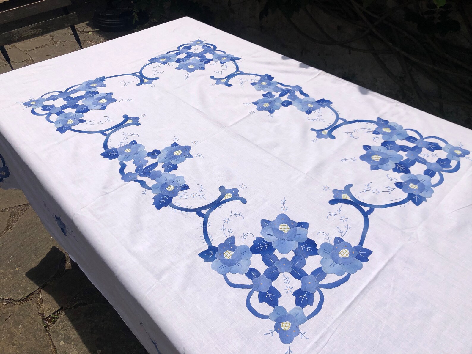 Vintage Handmade Blue Flower Appliqué Tablecloth Wedding Tea Party ...