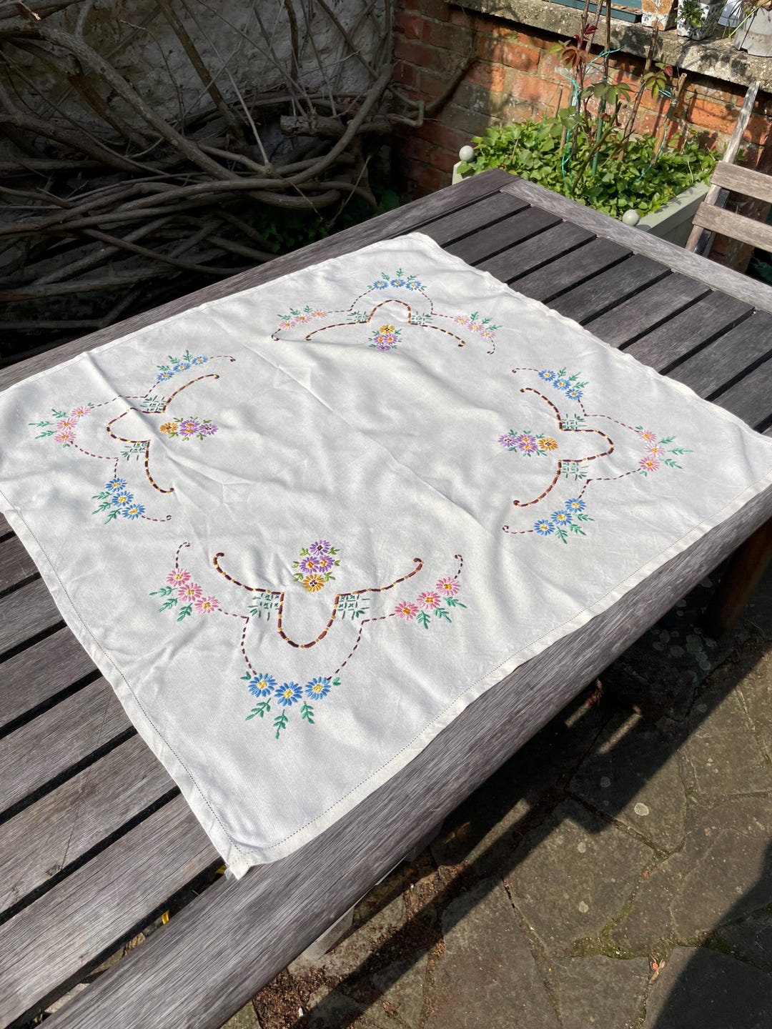 Vintage Embroidered Linen Tablecloth: Floral Pattern, Hand-made, Beige ...