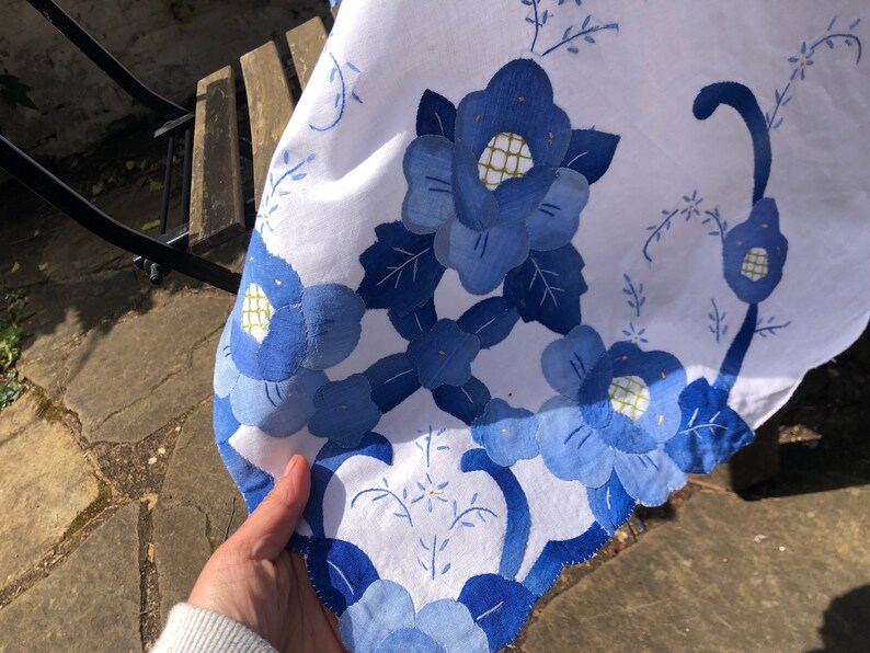 Vintage Handmade Blue Flower Appliqué Tablecloth Wedding Tea Party ...