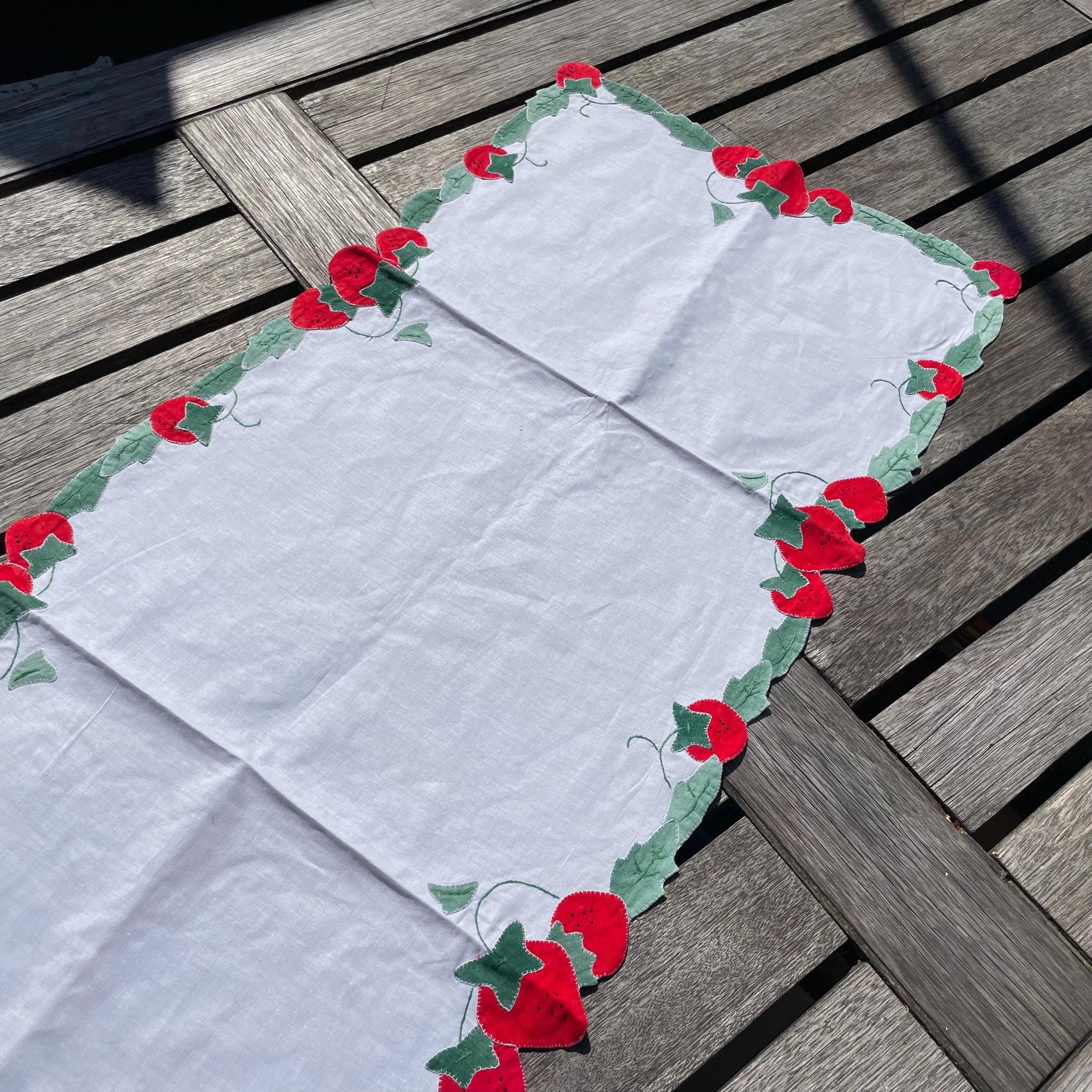 Vintage Hand Embroidered Strawberry Tablecloth Table Runner Fun for ...