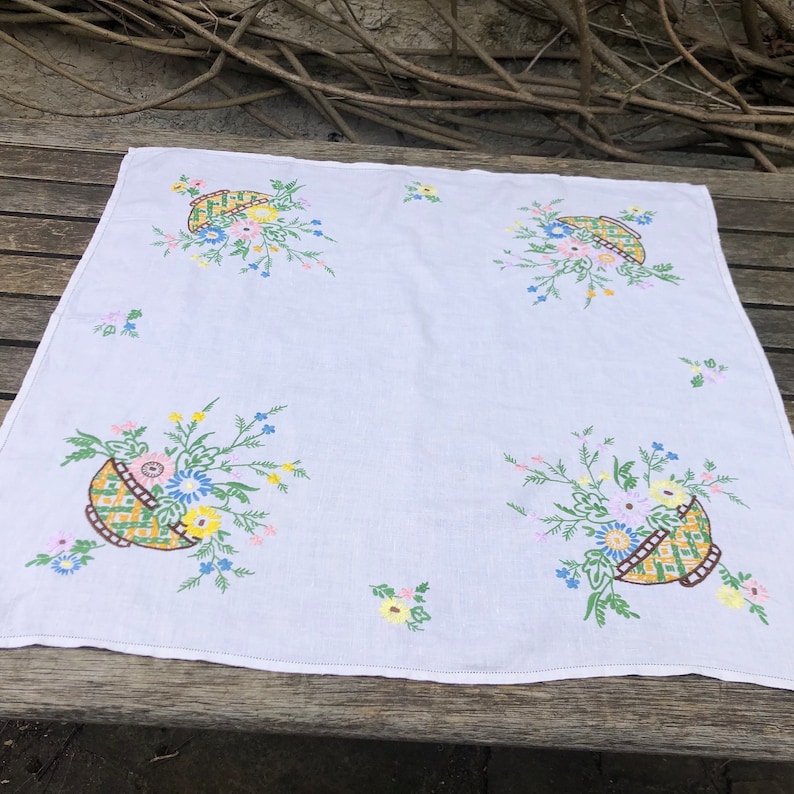 Vintage Hand Embroidered Linen Tablecloth Floral Pattern Tea Party - Etsy