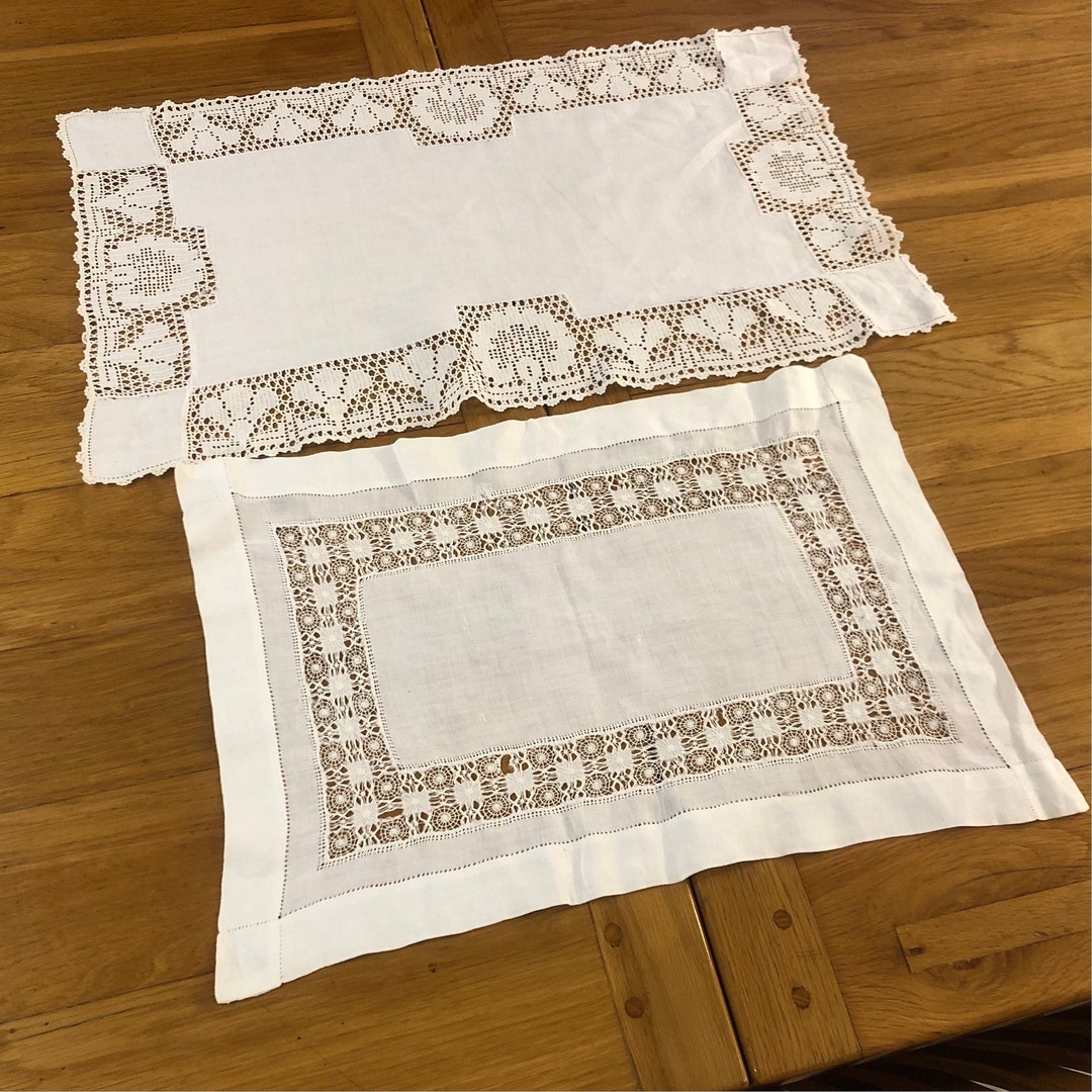 Set of 2 Vintage Hand-made Lace Crochet Edge White Tablecloth Linen ...