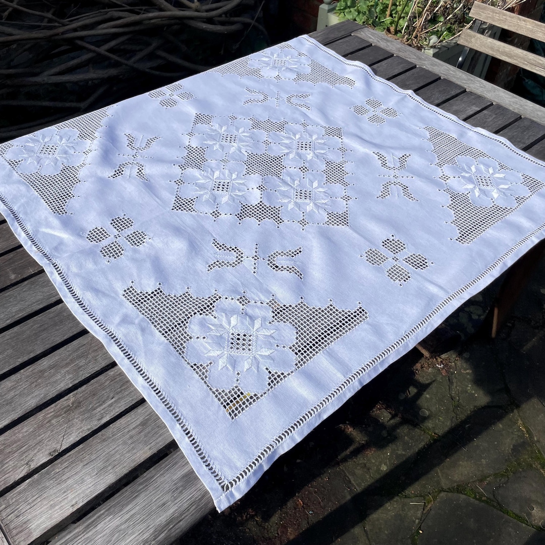 Vintage Drawn Thread Work Handmade Embroidered Tablecloth White - Etsy