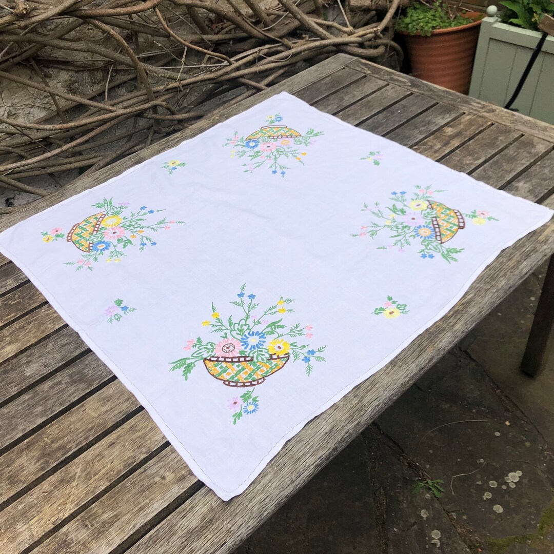 Vintage Hand Embroidered Linen Tablecloth Floral Pattern Tea Party - Etsy