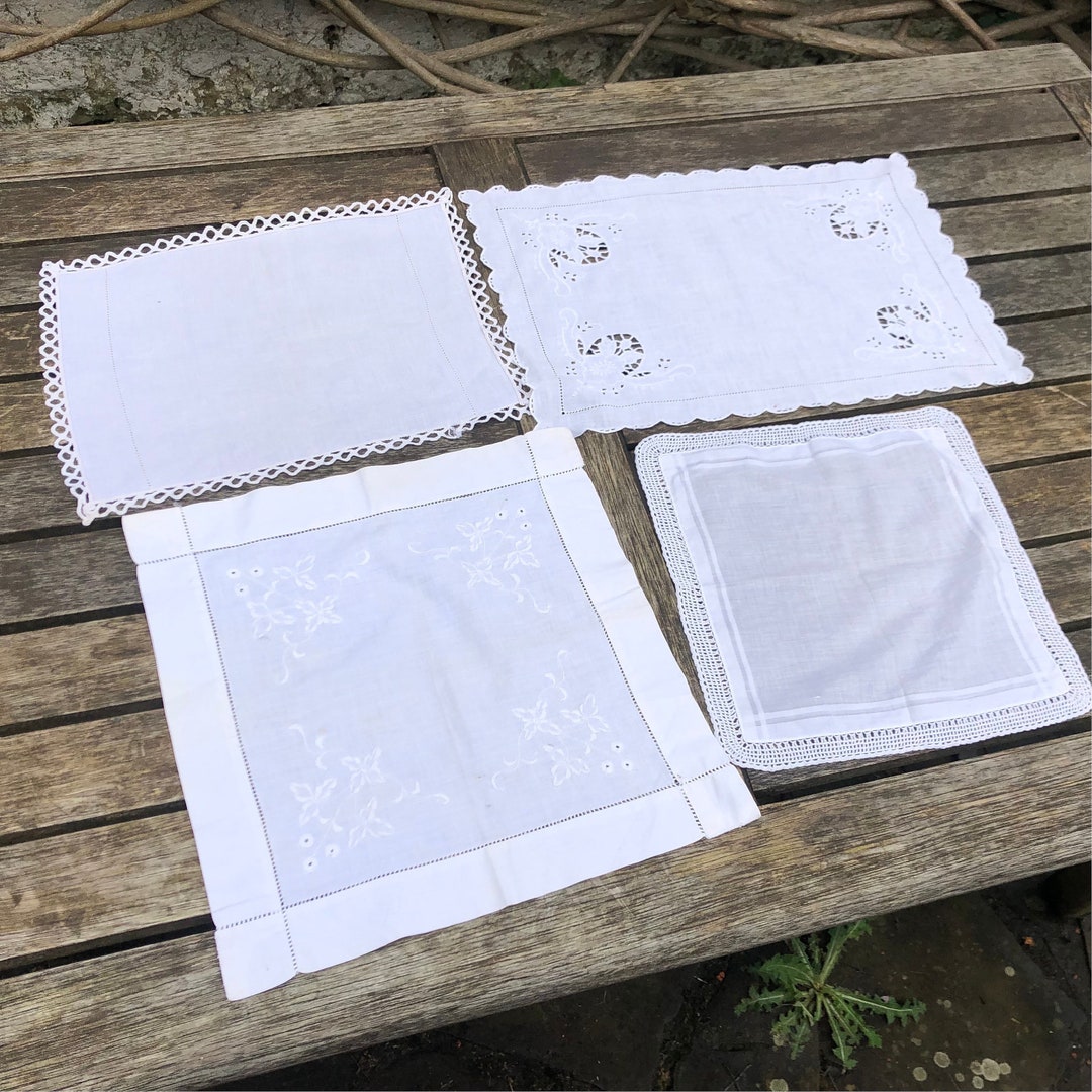 Set of 4 Vintage Hand-made Lace Crochet Edge White Tablecloth Linen ...
