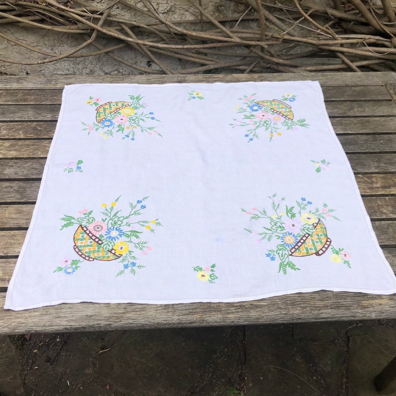 Vintage Hand Embroidered Linen Tablecloth Floral Pattern Tea Party - Etsy