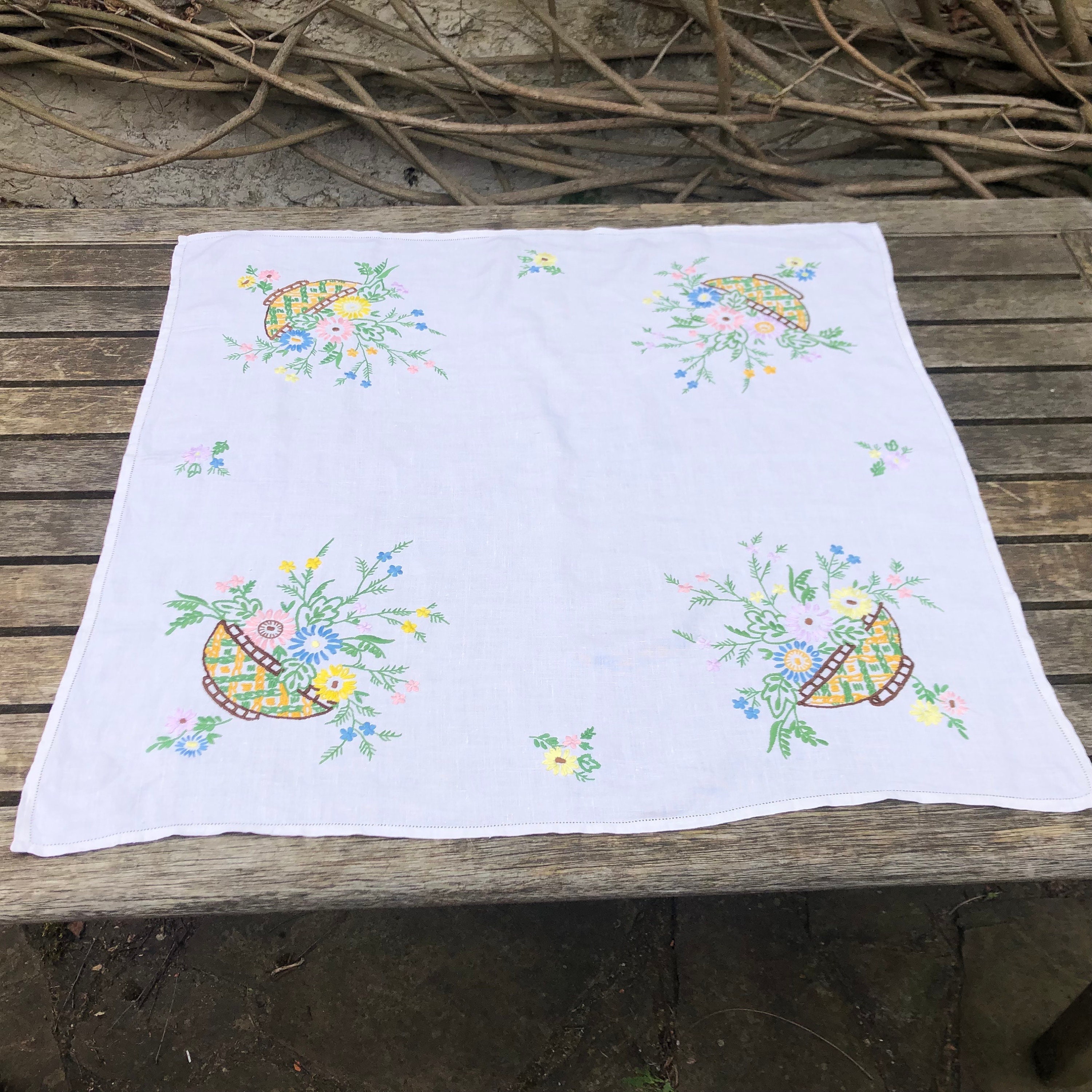 Vintage Hand Embroidered Linen Tablecloth Floral Pattern Tea Party - Etsy