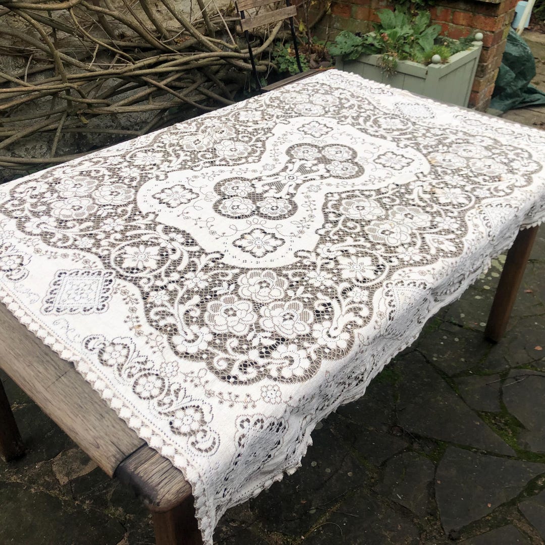 Vintage Large Lace Tablecloth Table Covering Genuine Nottingham Lace ...