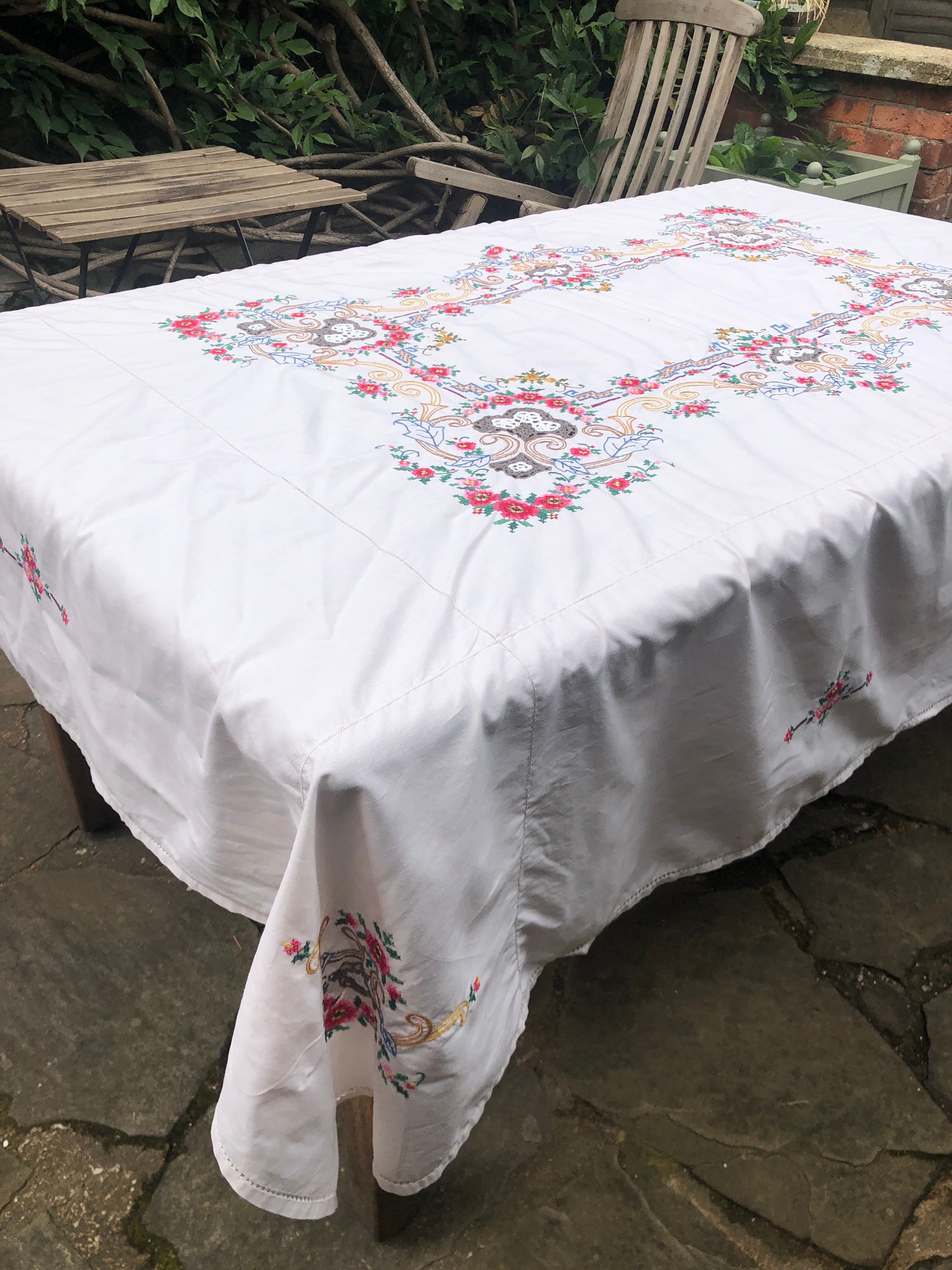 Vintage Handmade Embroidered Cross Stitch Crocheted Tablecloth - Etsy