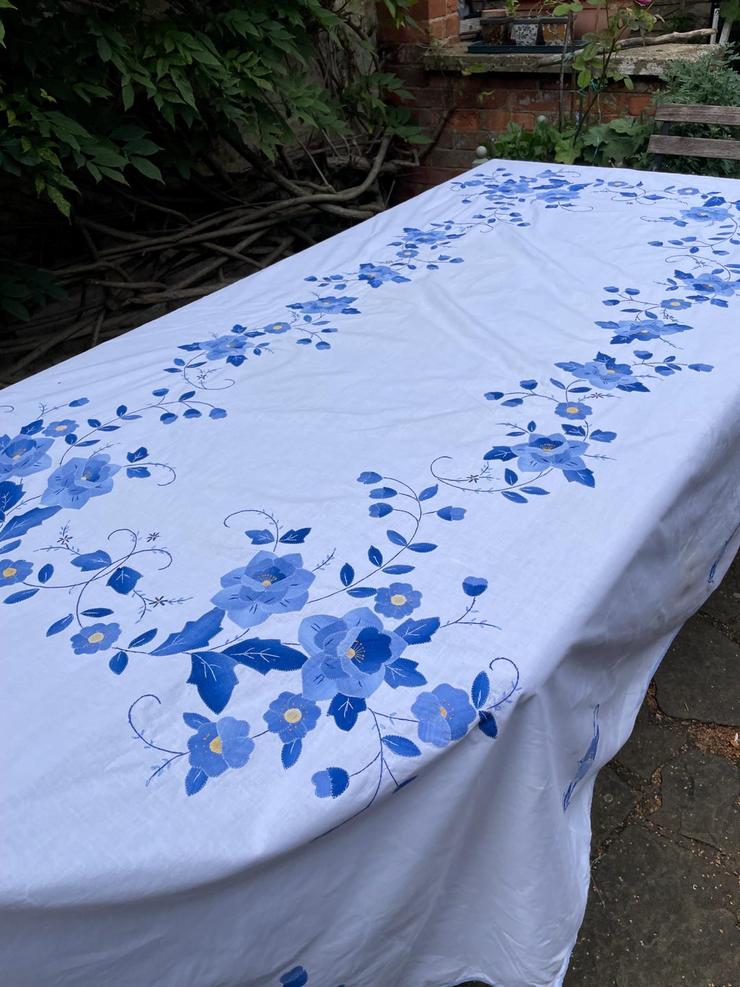 Vintage Handmade Large Flower Appliqué Tablecloth Rectangle Blue Flower ...