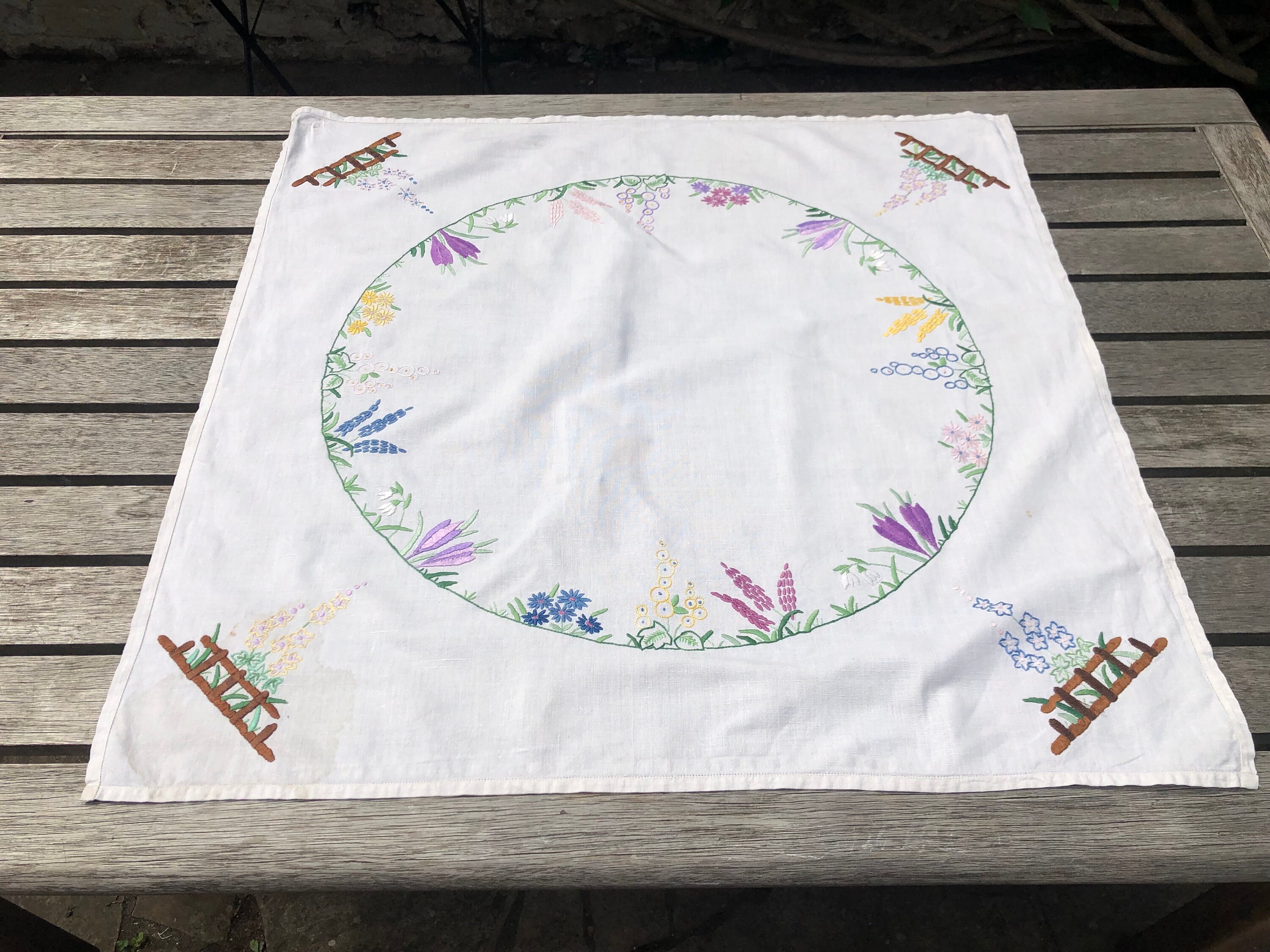 Beautiful Vintage Hand Embroidered Linen Tablecloth Floral Pattern Tea ...