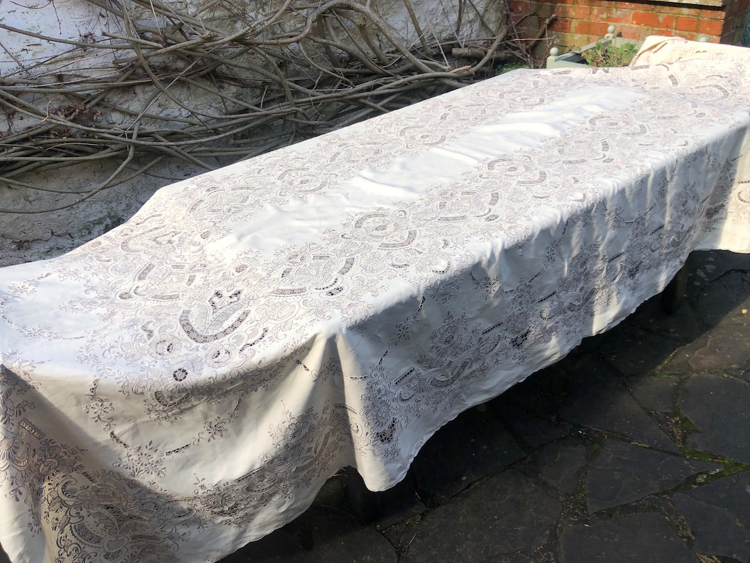 Exquisite Vintage Madeira Style Hand Embroidered Line Tablecloth Beige ...
