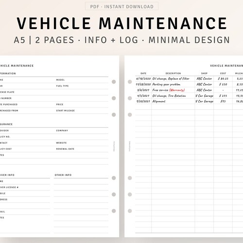 Vehicle Maintenance Log Printable Car Maintenance Checklist - Etsy