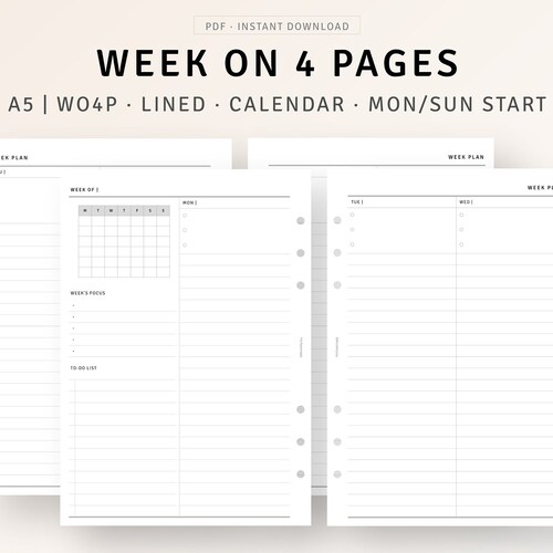Week on 4 Pages A5 Inserts Printable Weekly Planner PDF | Etsy