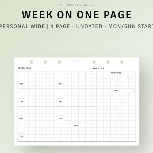 Week on 1 Page WO1P Horizontal Weekly Planner Printable | Etsy