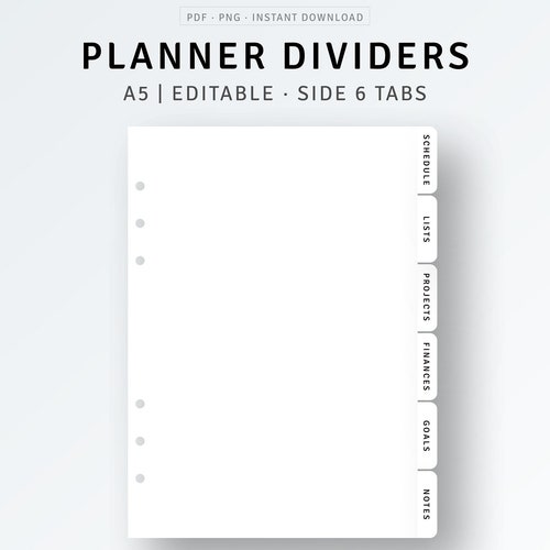 A5 Planner Dividers Printable PDF PNG Editable White Side - Etsy