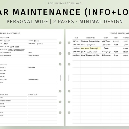 Car Maintenance Personal Wide Printable Vehicle Care Tracker - Etsy