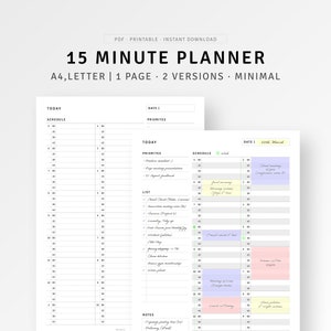 15 Minutes Planner Printable A4/letter Inserts, Daily Hourly Planner ...