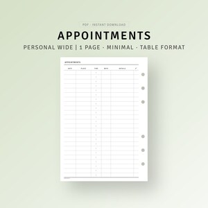 Appointment Tracker Printable Personal Wide Inserts | Etsy