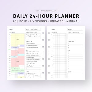 24 Hour Planner A6 Inserts Printable Time Blocking Work Schedule ...
