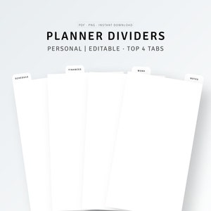 Personal, Planner Dividers Printable, PDF, PNG, Custom Top 4 Tabs ...