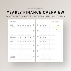 Yearly Finance Overview Printable FC Compact, Bill Organizer, Income ...