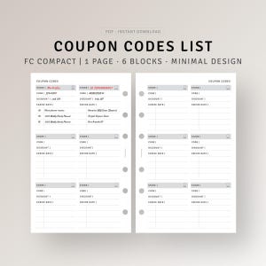 Coupon Codes Tracker FC Compact Inserts Printable Shopping Discount ...