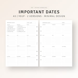 Yearly Important Dates Printable A5 Planner Inserts, Birthday Parties ...