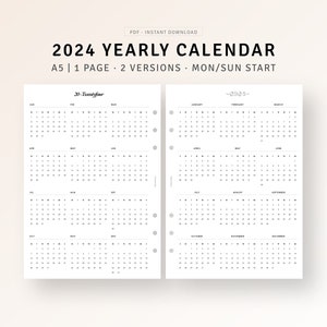 2024 Printable Calendar A5 Planner Inserts 2024 Yearly - Etsy