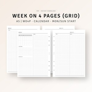A5 Inserts Week on 4 Pages Printable Undated Weekly Planner With ...