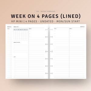 Week on 4 Pages Printable HP Mini Inserts, Undated Weekly Calendar ...