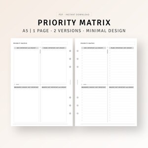 Priority Matrix Template A5 Printable Inserts, Productivity Planner ...