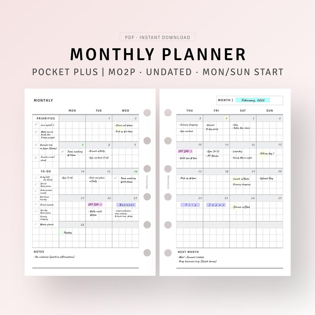 Undated Monthly Planner Pocket Plus Inserts Printable Month on 2 Pages ...