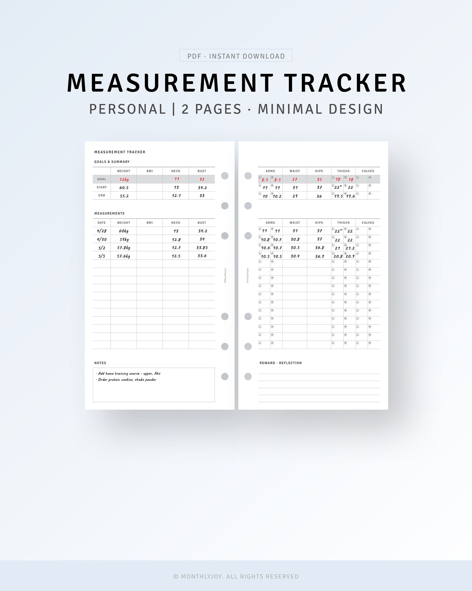 PERSONAL Measurement Tracker Template Printable, Weight Loss Log ...