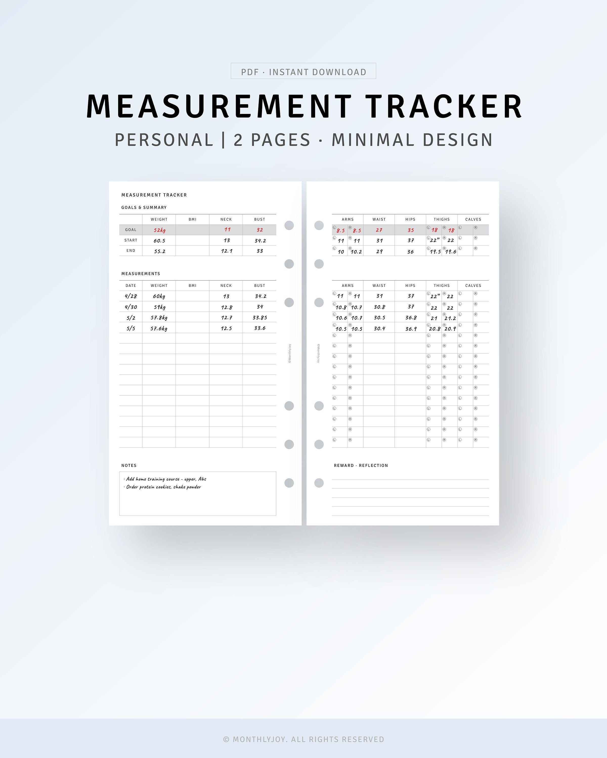 Personal Measurement Tracker Template Printable Weight Loss - Etsy