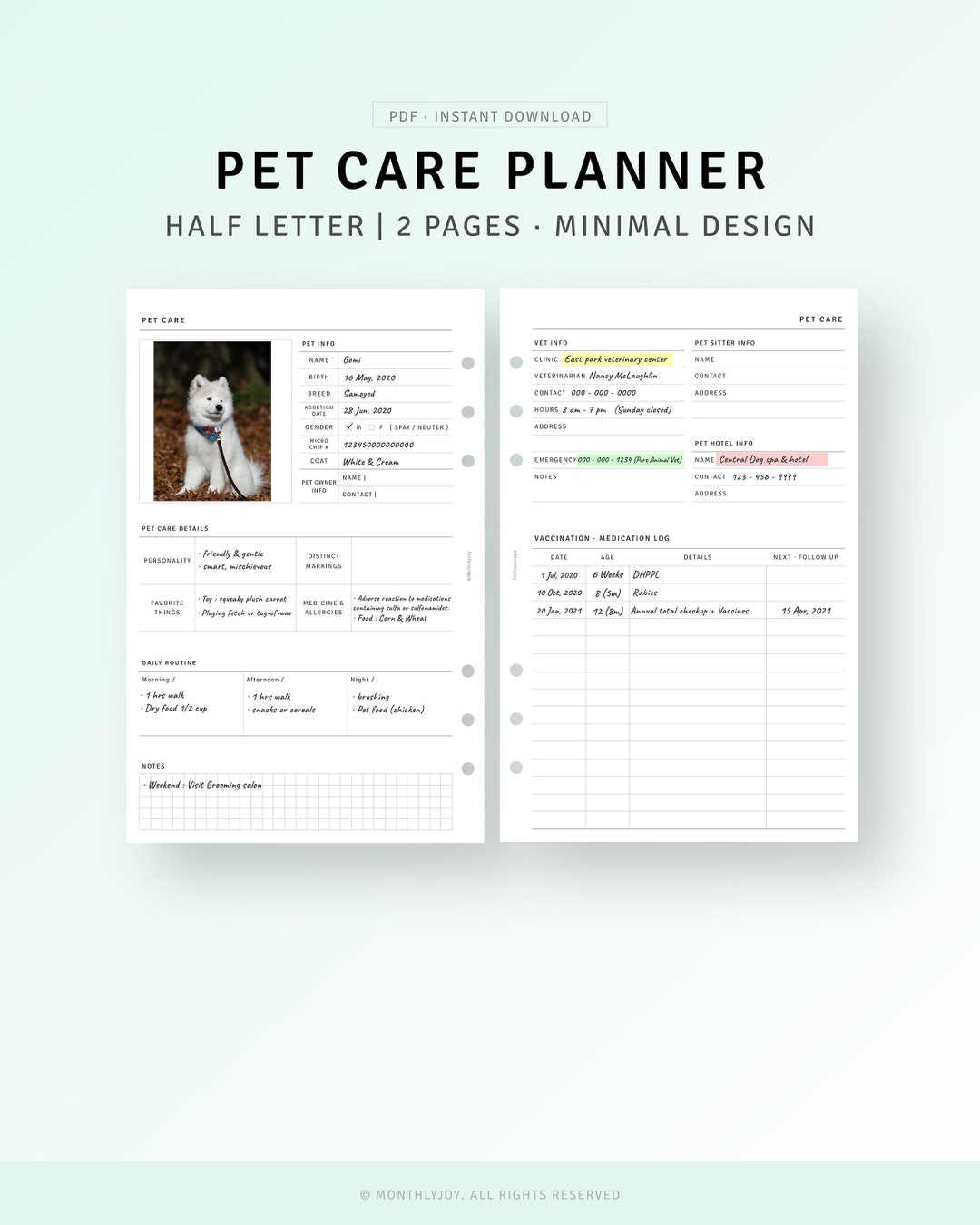 Pet Planner Half-letter Inserts Printable Dog Organizer, Pet ...