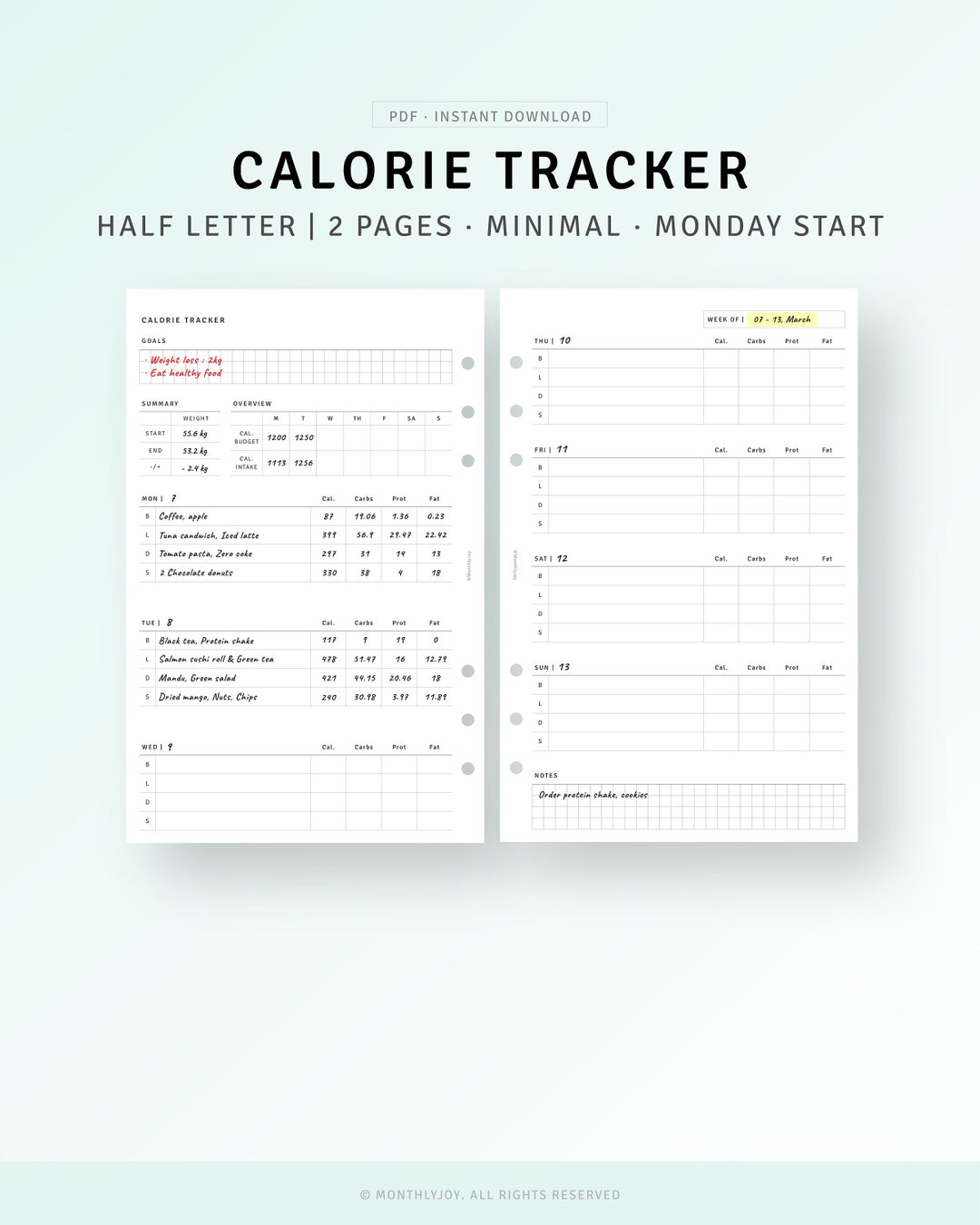 Daily Calorie Tracker Half-letter Inserts Printable, Diet Food Log ...