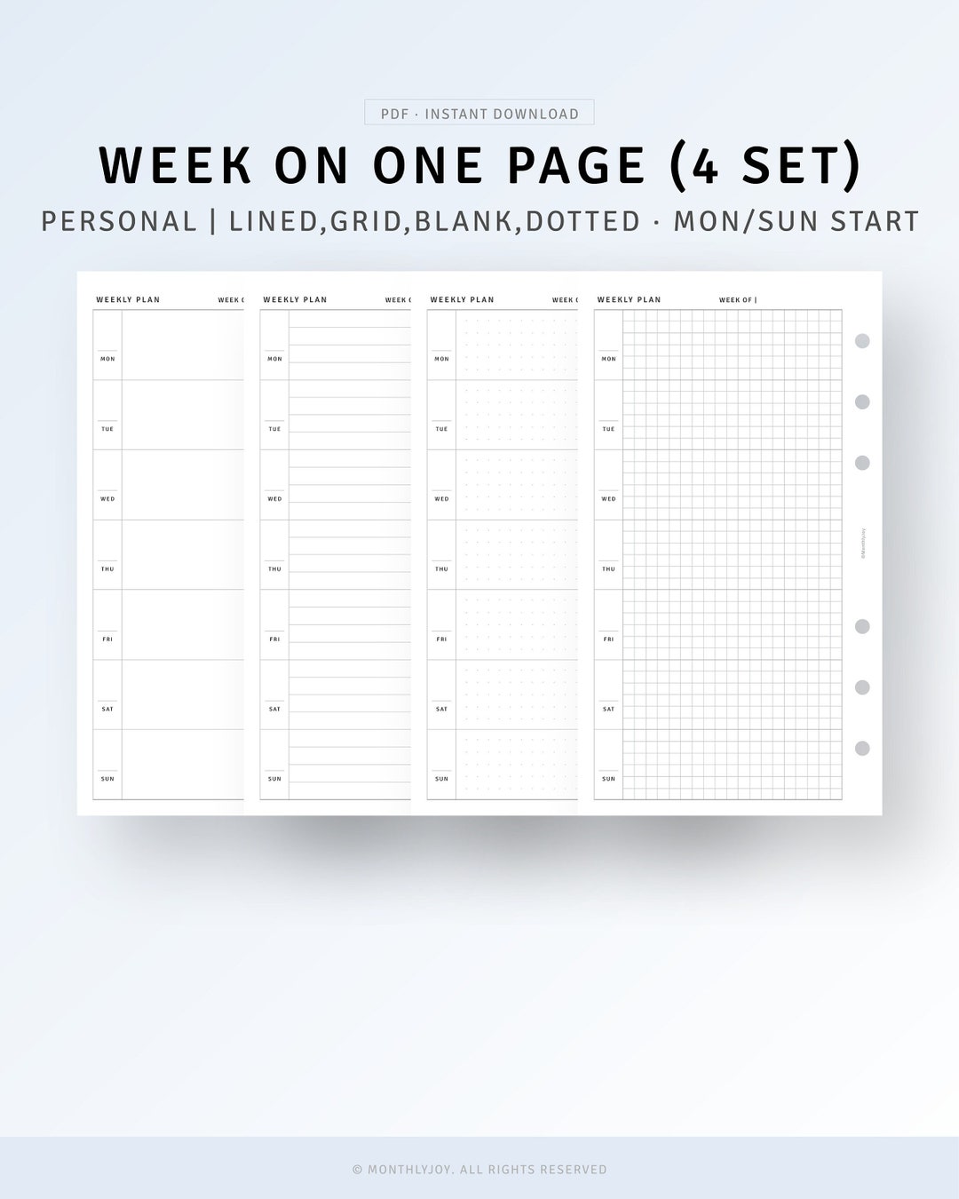 Personal, Week on One Page Printable Weekly Schedule Organizer, Minimal ...