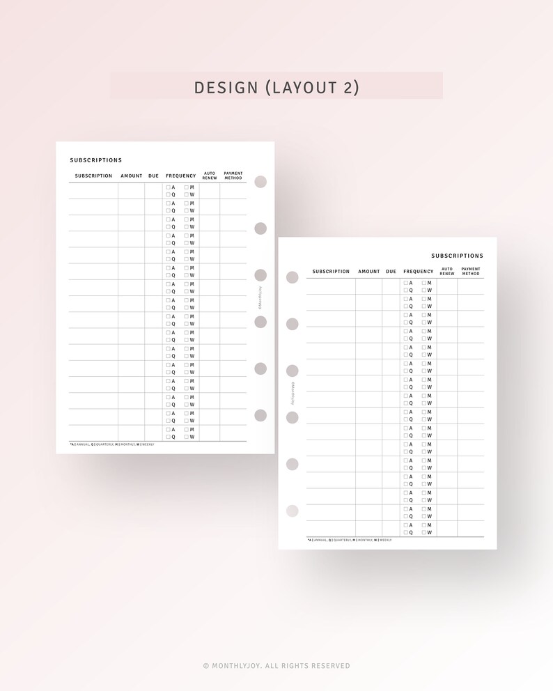 Subscription Tracker Pocket Plus Printable Inserts, Membership Payment ...