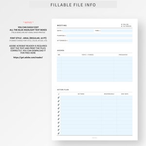 Meeting Notes Printable A4/letter Planner Inserts, Work Project ...