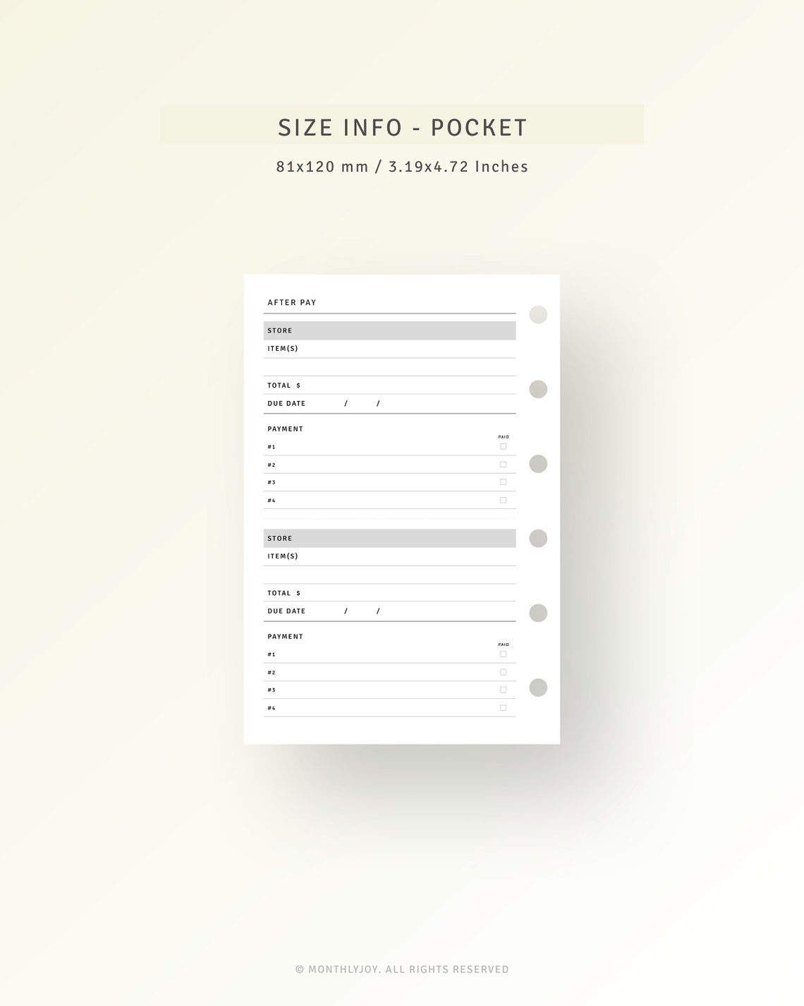 After Pay Tracker Printable Pocket Size Inserts Payment | Etsy